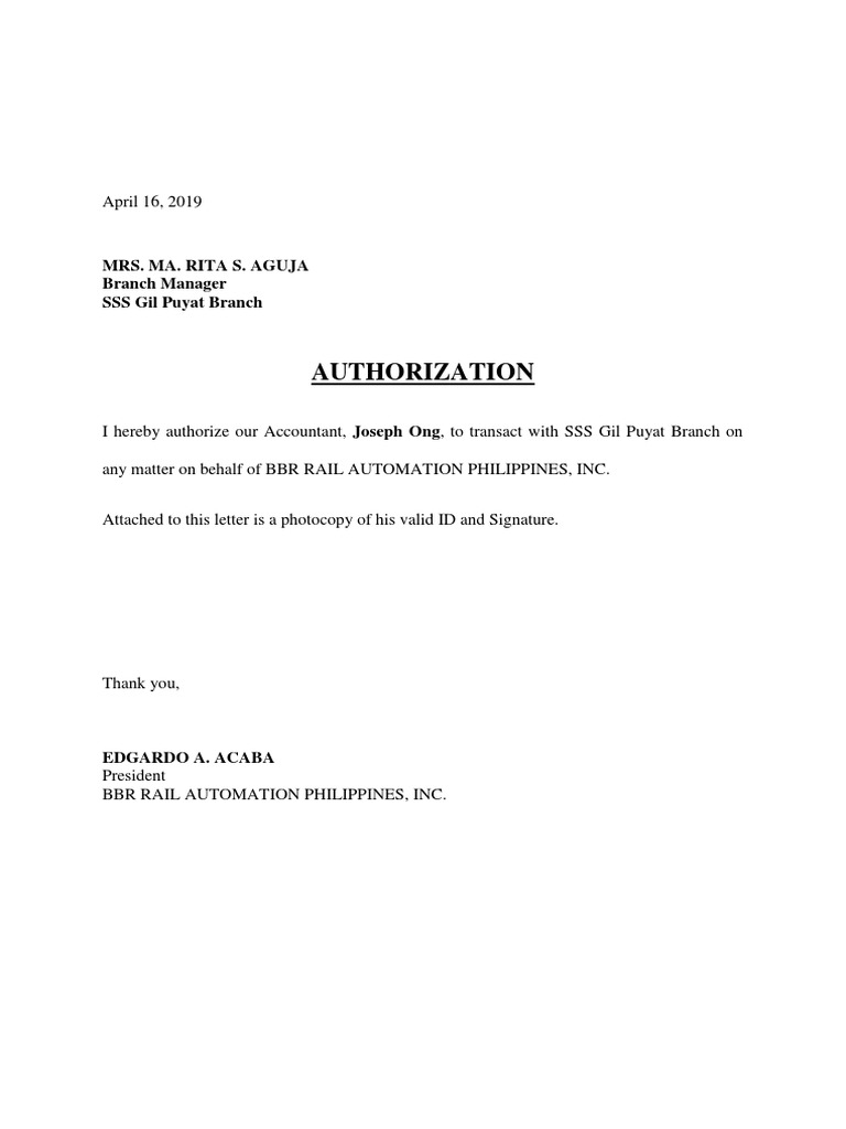 Authorization Letter for SSS Transactions | PDF