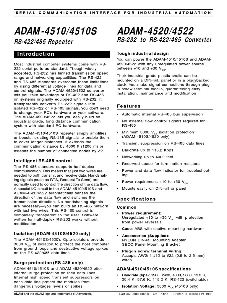 ADAM-4520/4522 ADAM-4510/4510S: RS-232 To RS-422/485 Converter RS-422/ ...
