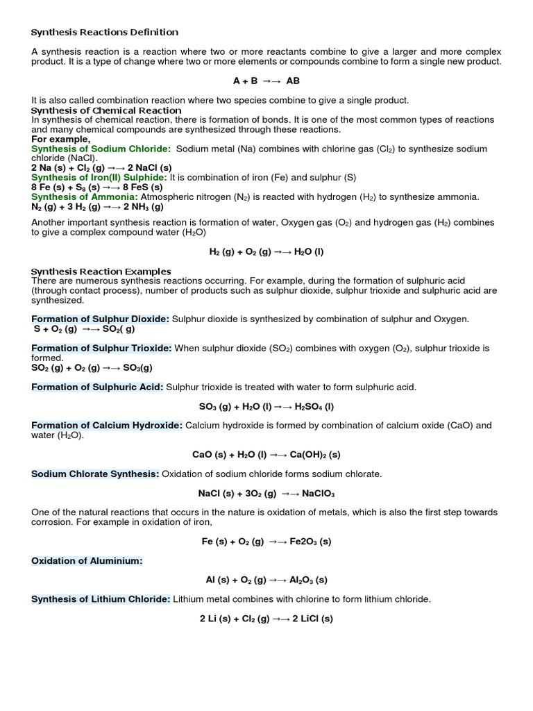 Definition and Examples of Synthesis Reactions | PDF | Sulfur ...