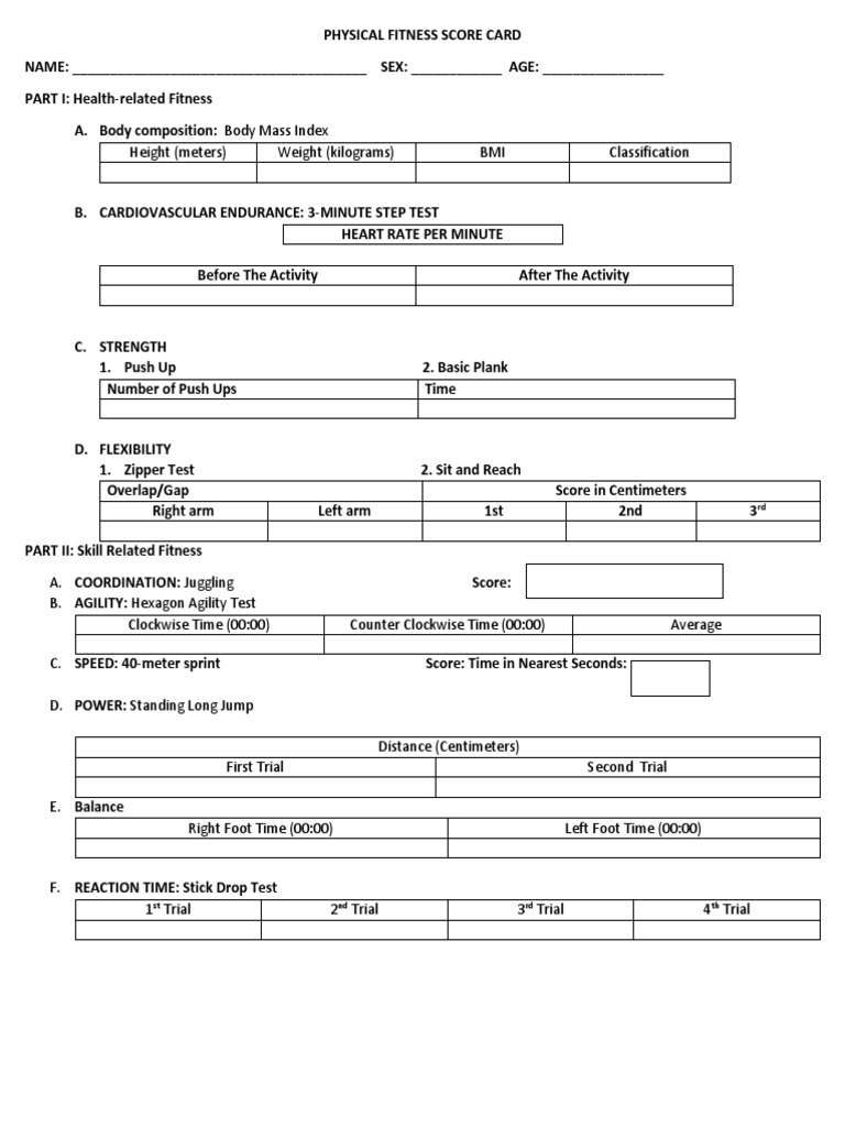 Physical Fitness Score Card Bmi | PDF