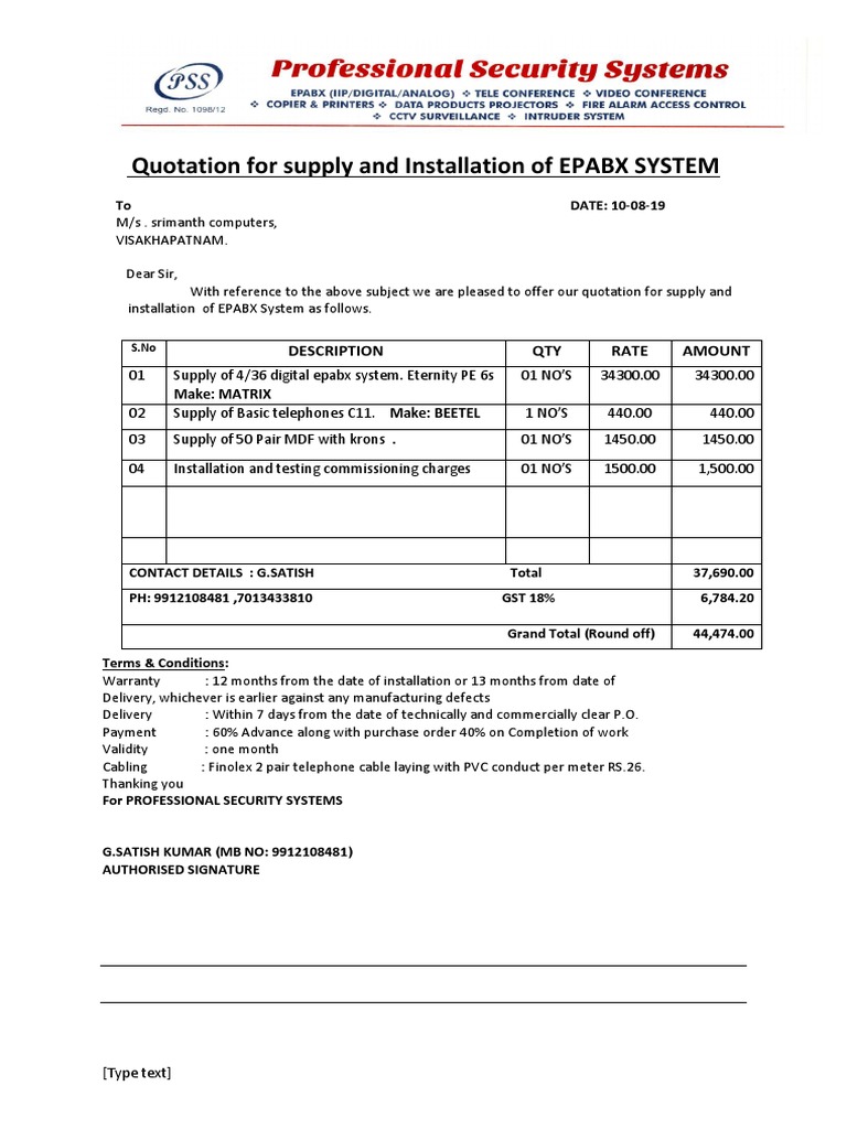 Quotation For Supply and Installation of EPABX SYSTEM: Description QTY ...