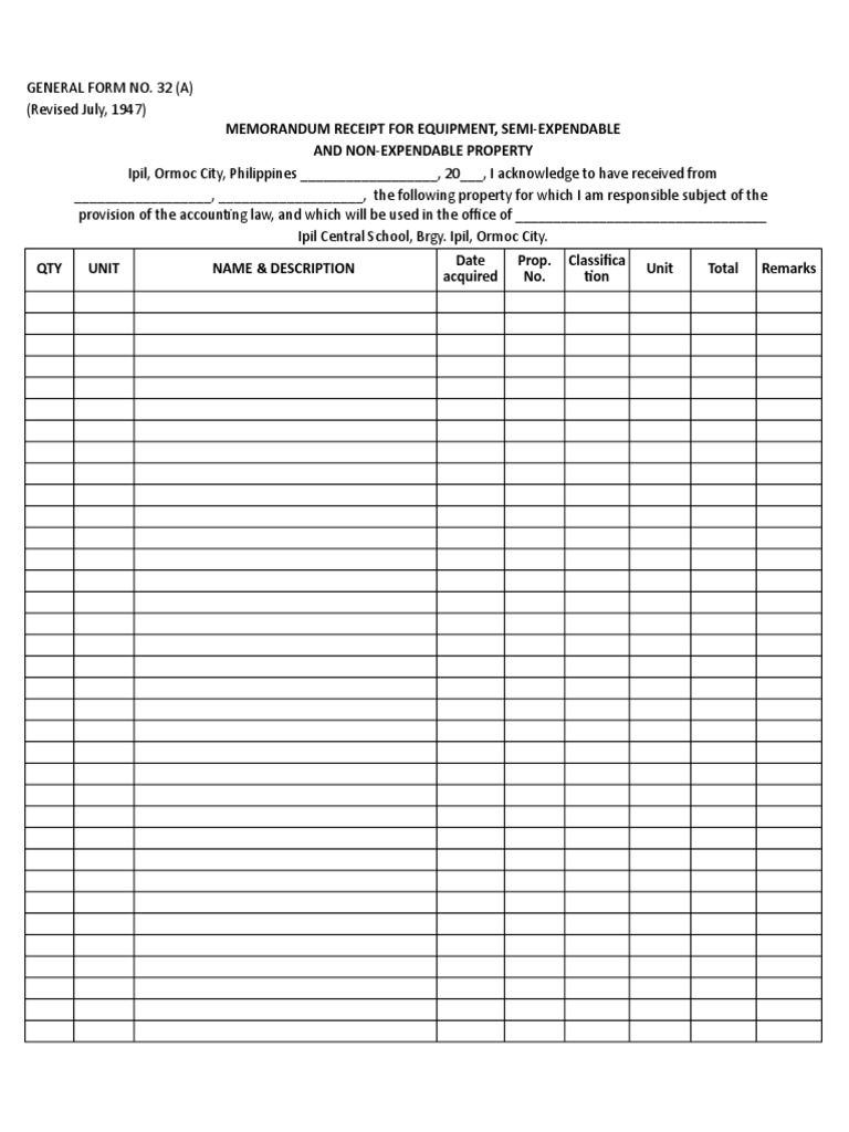 Memorandum Receipt For Equipment, Semi-Expendable and Non-Expendable ...