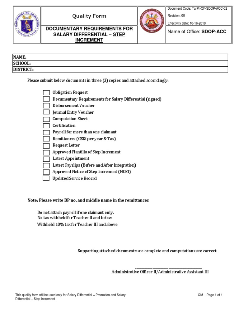 ACC QF 02 Documentary Requirements For Salary Differential Step ...