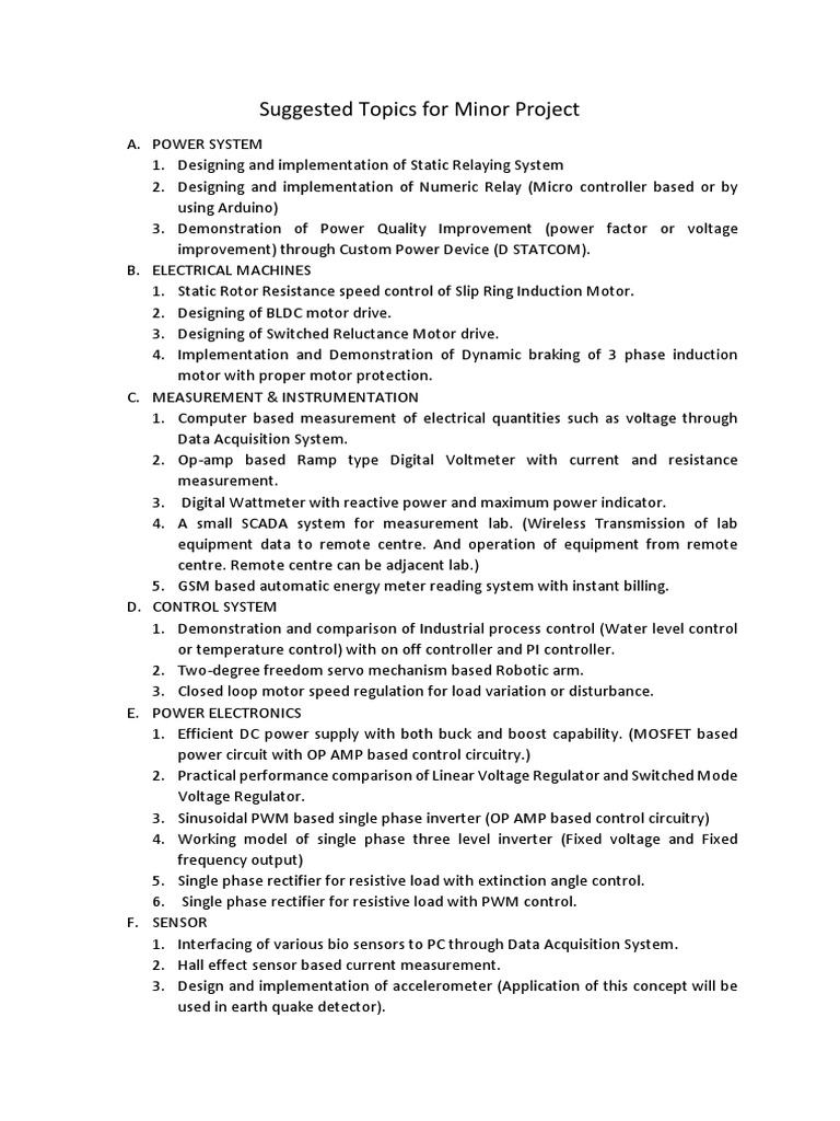 Suggested Topics For Minor Project | PDF | Electric Motor | Power Inverter