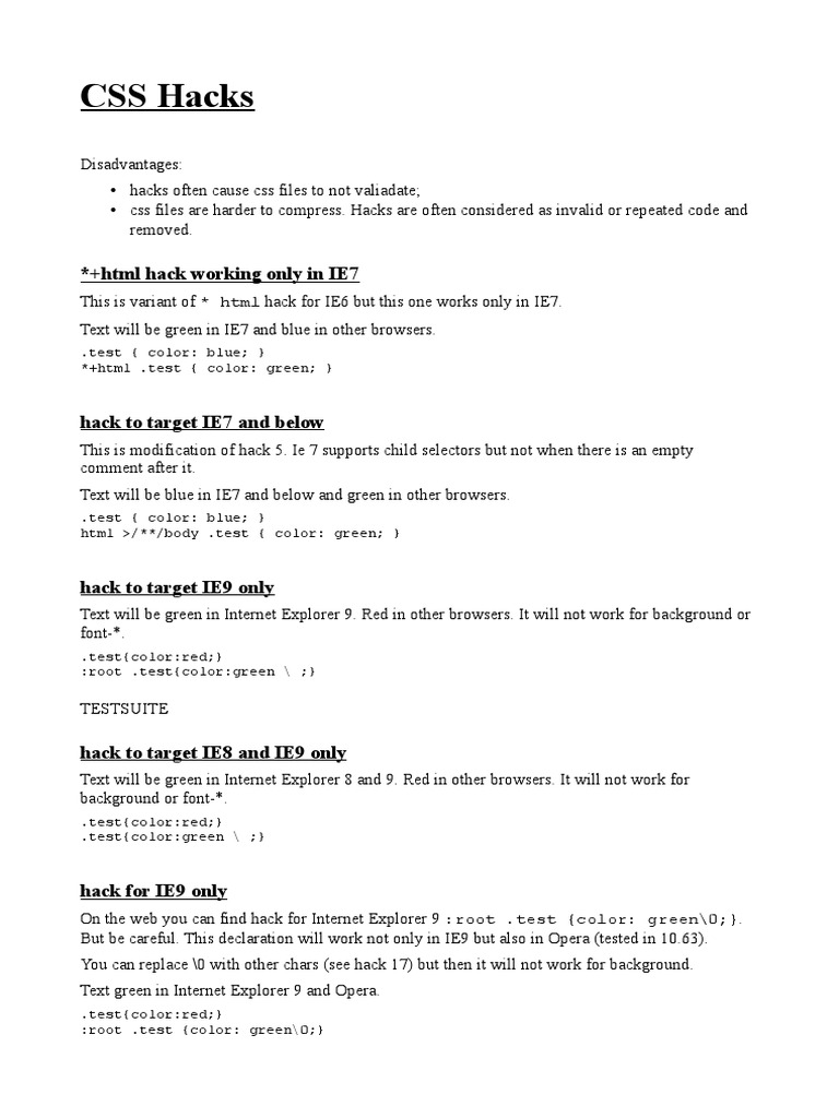CSS Hacks: +HTML Hack Working Only in IE7 | Download Free PDF | Internet Explorer | Cascading ...