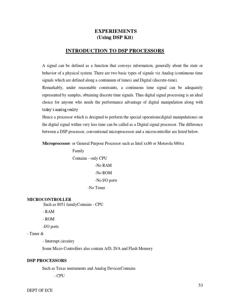 Experiements (Using DSP Kit) Introduction To DSP Processors ...