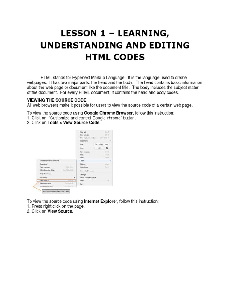 Lesson 1 - Learning, Understanding and Editing HTML Codes: Viewing The Source Code | PDF | Html ...