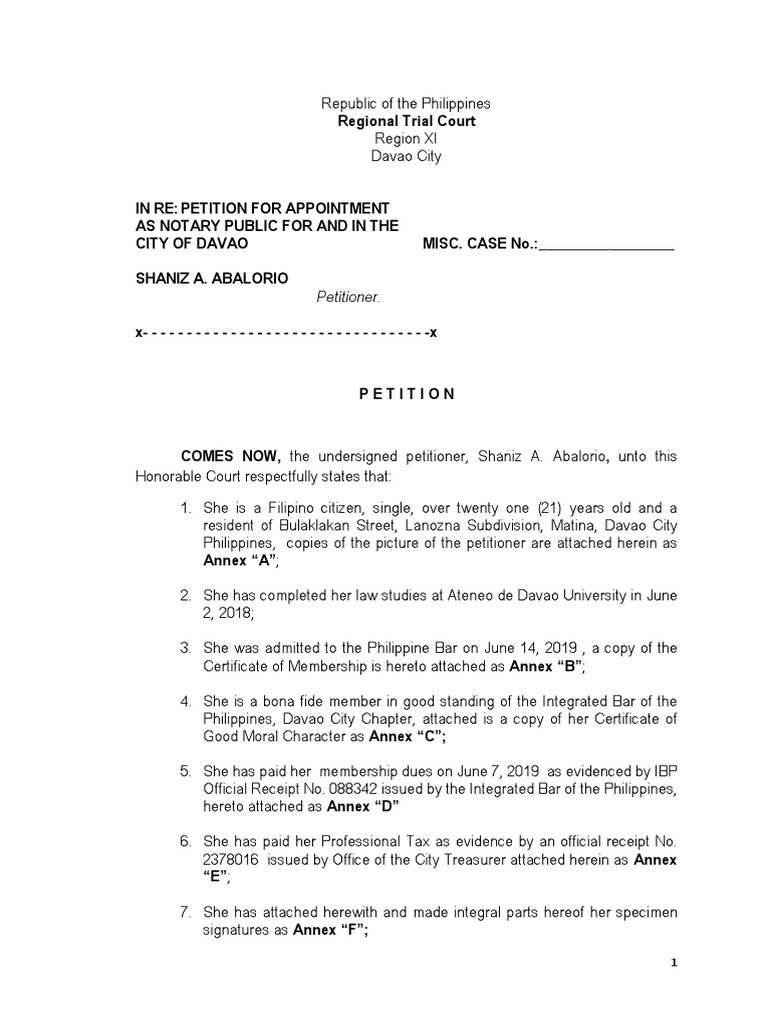 Petition For Notarial Commission-Abalorio | PDF | Affidavit | Notary Public