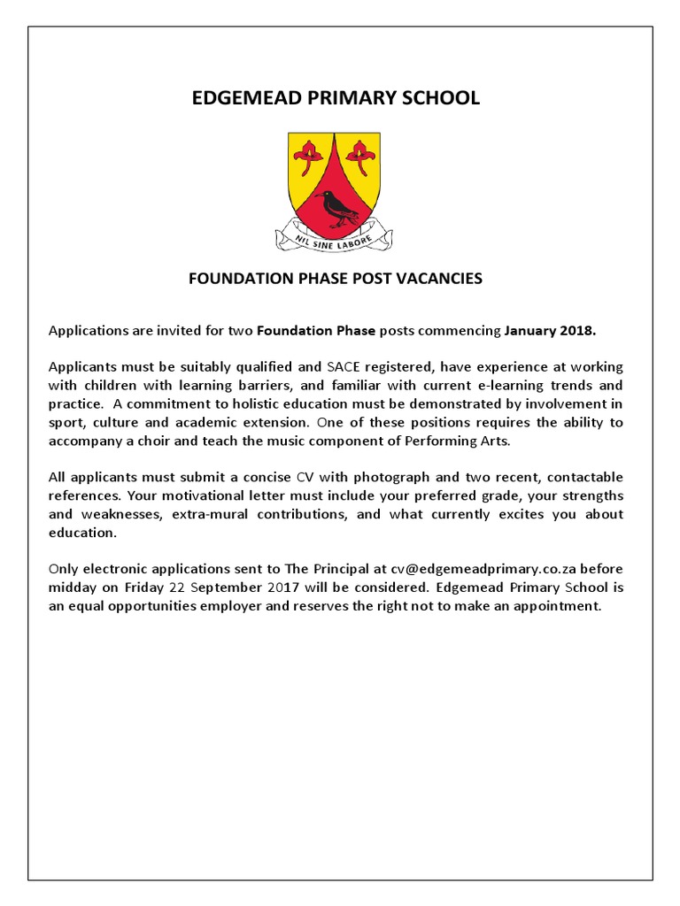 Edgemead Primary School: Foundation Phase Post Vacancies | PDF