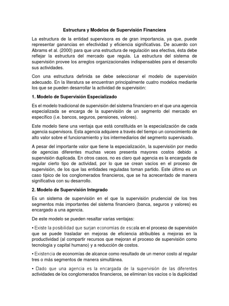 Estructura y Modelos de Supervisión Financiera | PDF | Sistema financiero | Mercado (economía)