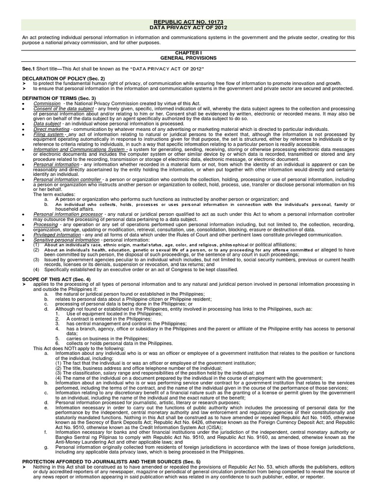 Overview of the Data Privacy Act 2012 | PDF | Privacy | Personally ...