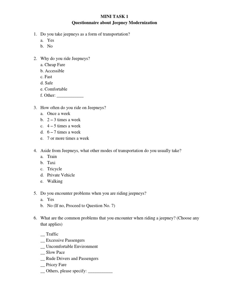 Mini Task 1 Questionnaire About Jeepney Modernization | PDF | Taxicab ...