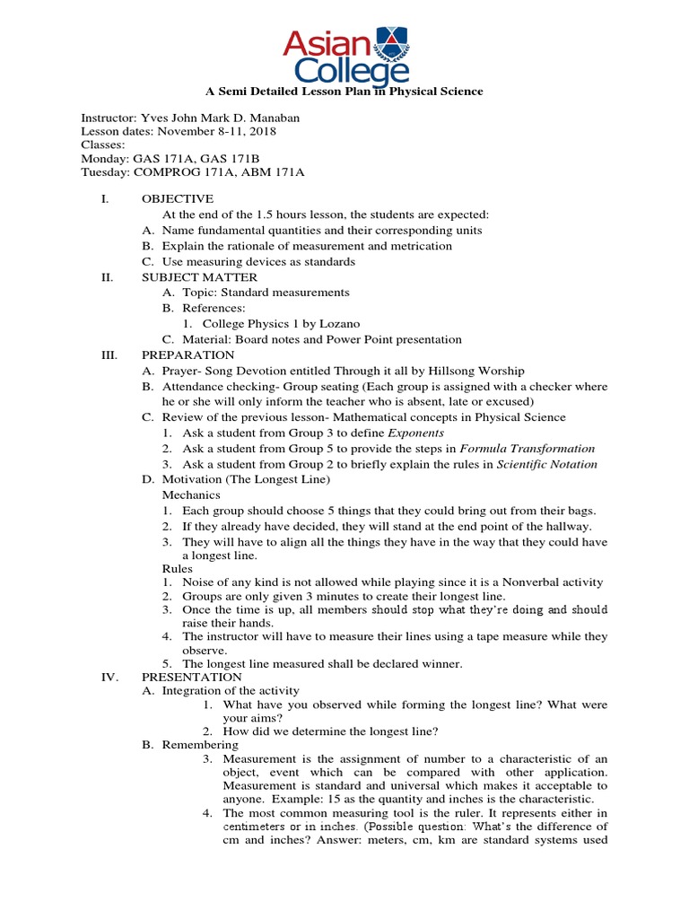 Semi Detailed Lesson Plan: Physical Science | PDF | Measurement ...