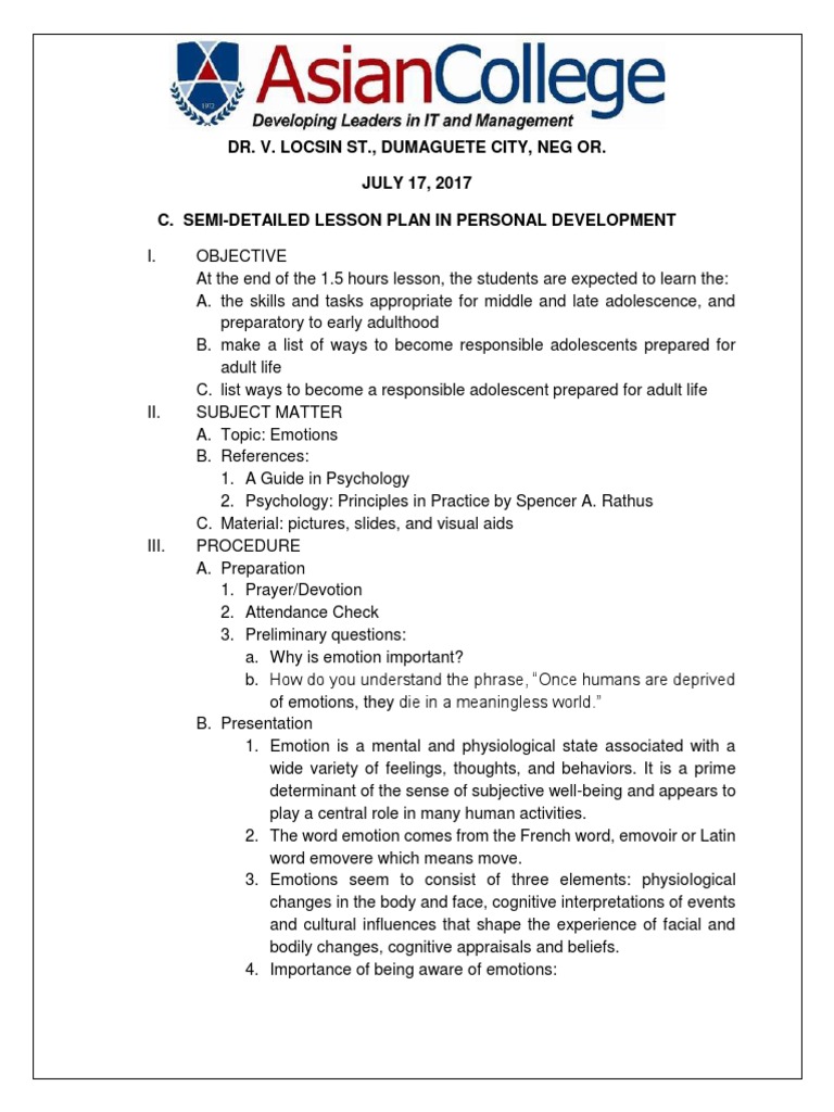 Lesson Plan in Personal Development July 17 | PDF | Emotions | Adolescence