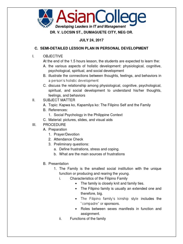 Lesson Plan in Personal Development July 24 | PDF | Self | Family