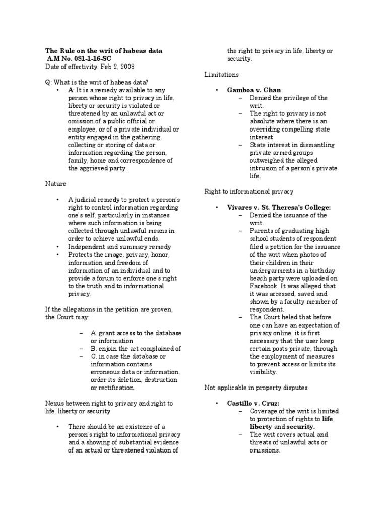 Writ of Habeas Data Doc File - Hinanay | PDF | Habeas Corpus | Writ