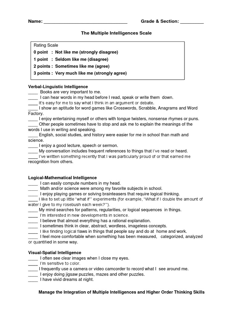 Name: - Grade & Section: - The Multiple Intelligences Scale | PDF ...