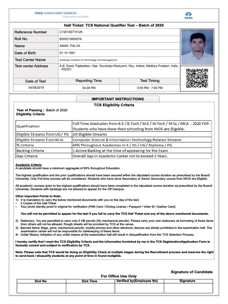 Hall Ticket: TCS National Quali Er Test - Batch of 2020: Reference ...