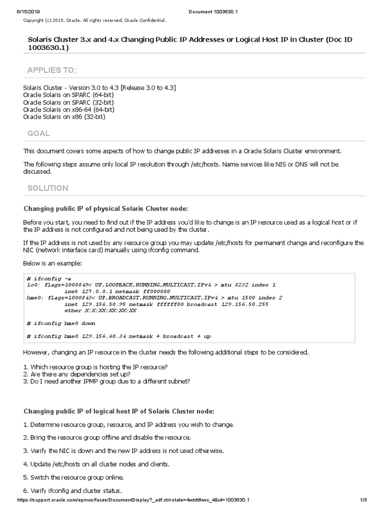 Solaris Cluster Changing Public IP Addresses or Logical Host IP in Cluster | PDF | Ip Address ...