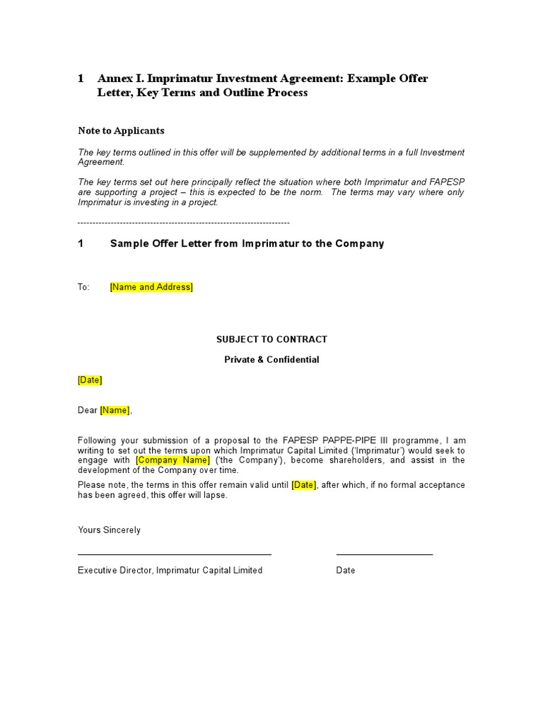 1 Annex I. Imprimatur Investment Agreement: Example Offer Letter, Key ...