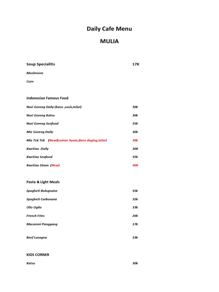Daily Cafe Menu Mulia | PDF