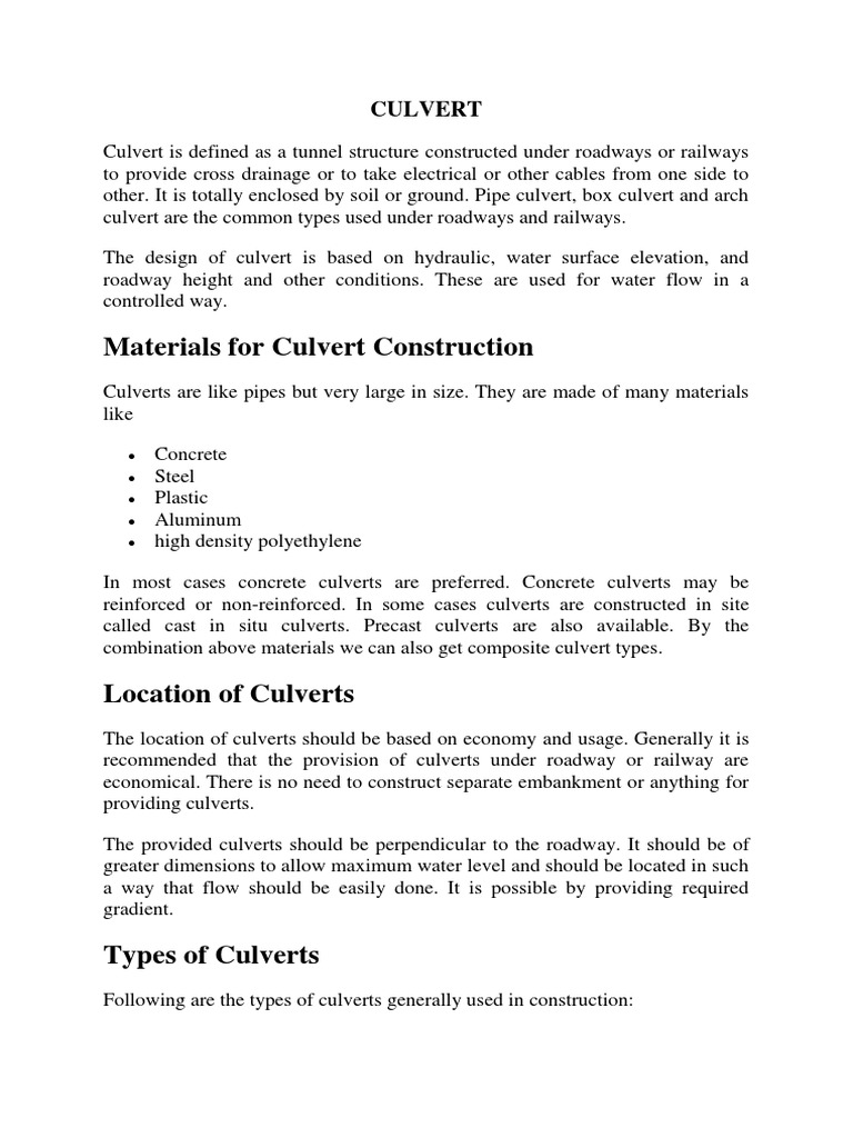 Types of Culverts | PDF | Pipe (Fluid Conveyance) | Concrete