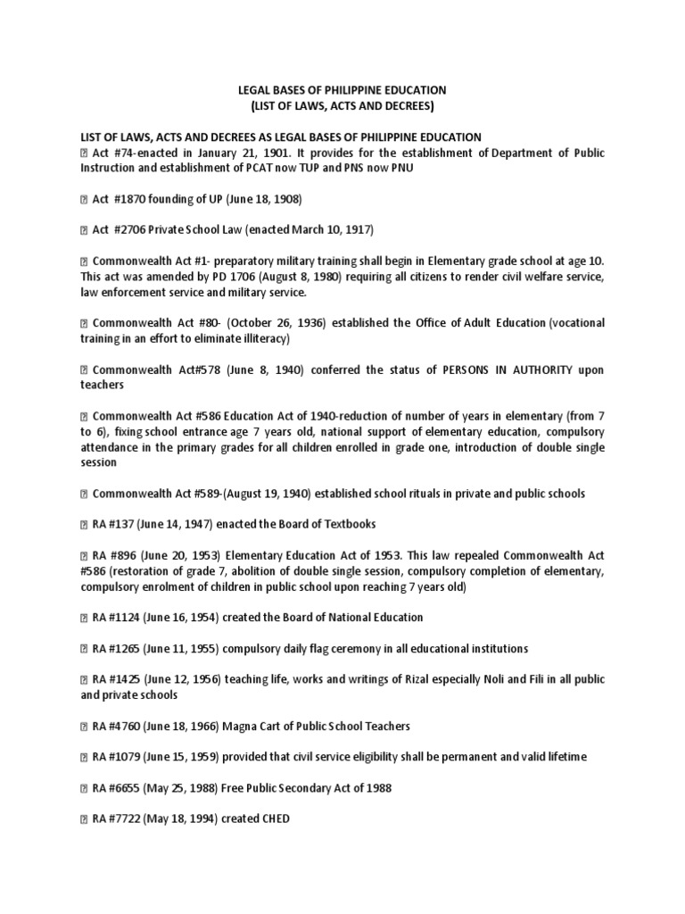 Legal Bases of Philippine Education | PDF | State School | Primary ...