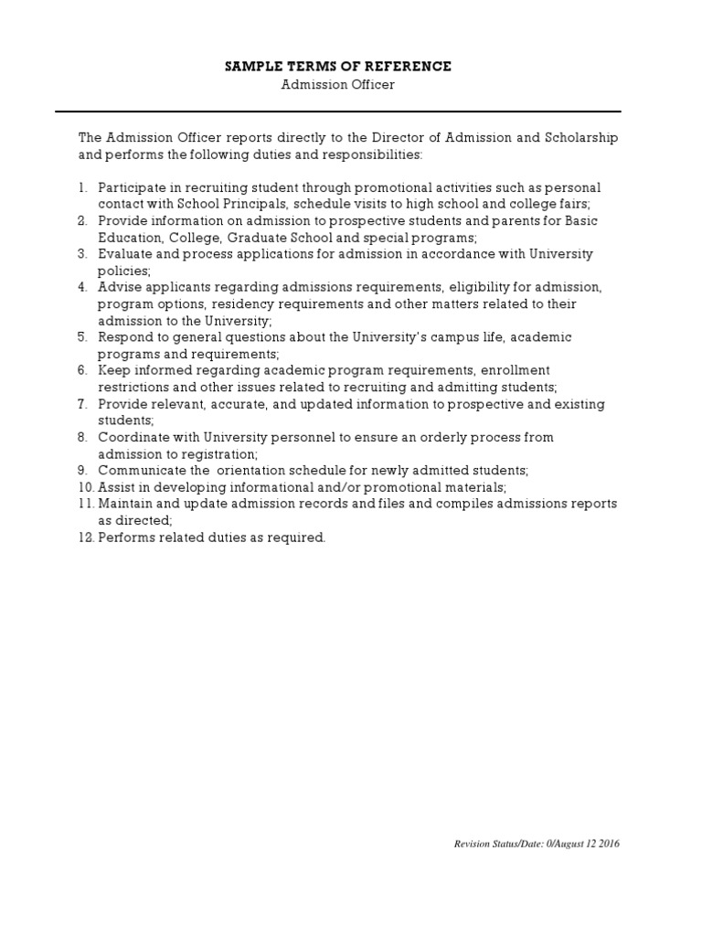 Sample Terms of Reference: Revision Status/Date: 0/august 12 2016 | PDF