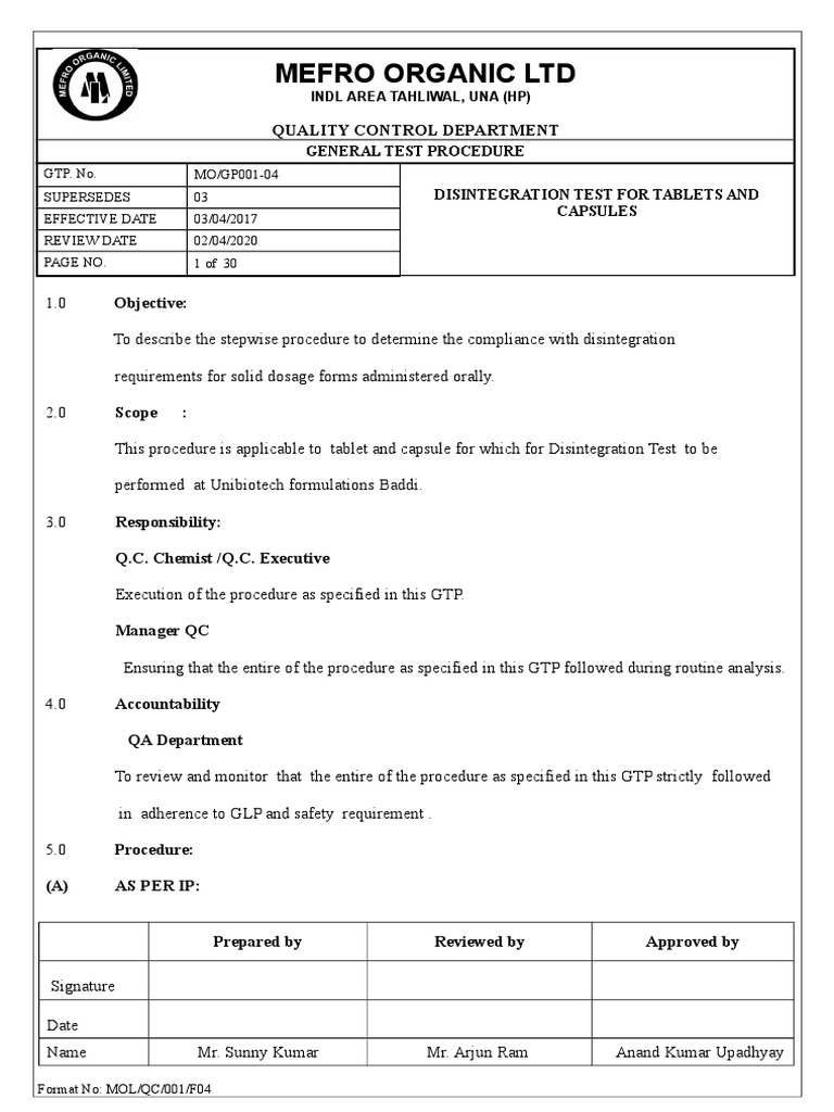 01 Disintegration Test For Tablets and Capsules | PDF | Tablet ...