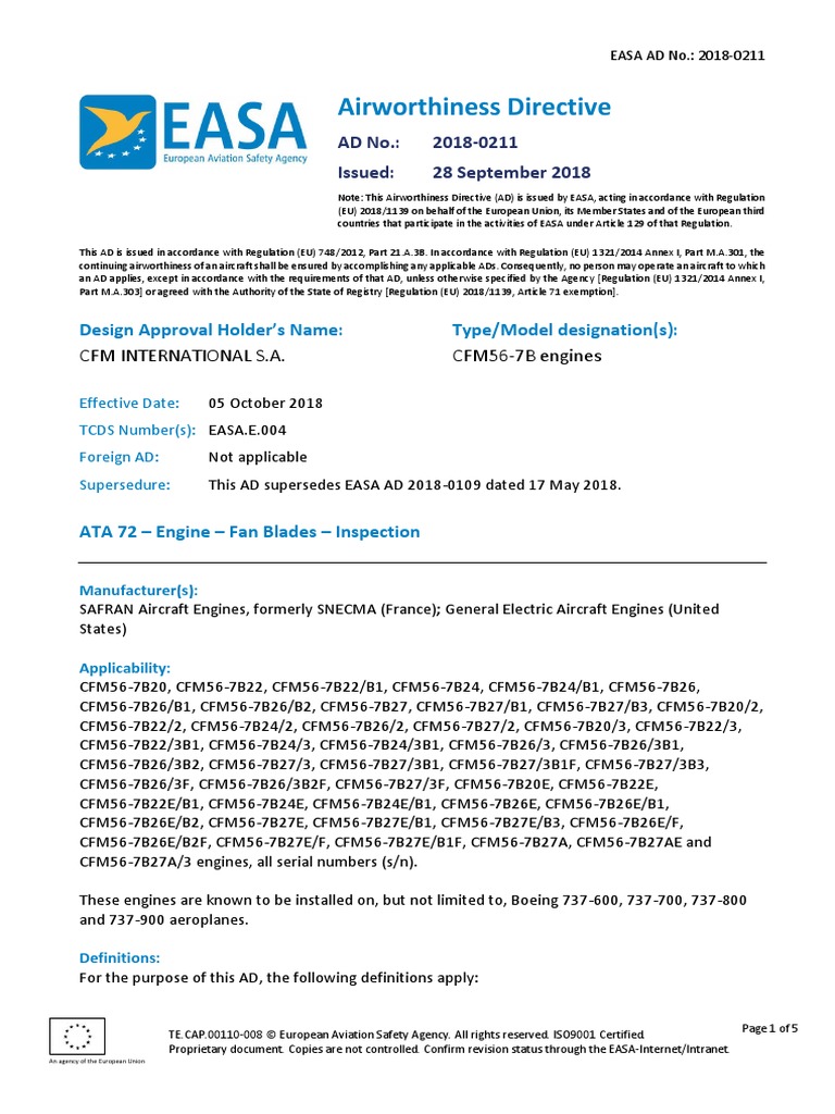 Airworthiness Directive: Design Approval Holder's Name: Type/Model ...