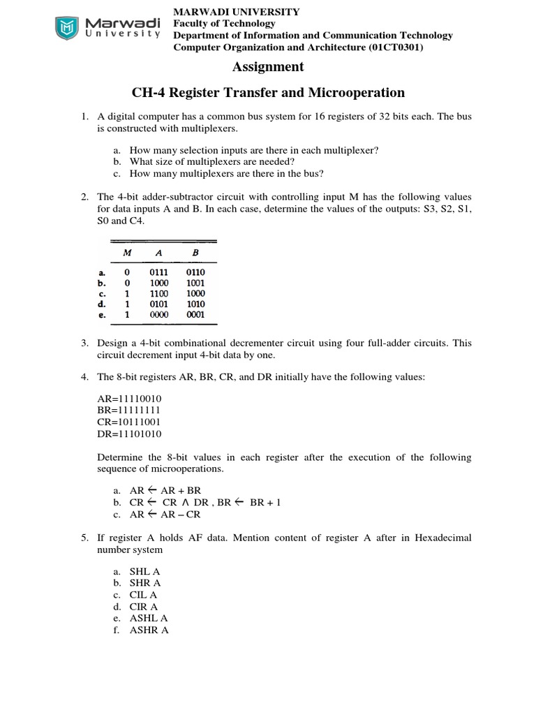 CH-4 Register Transfer and Microoperation Assignment PDF | PDF | Electrical Engineering | Areas ...