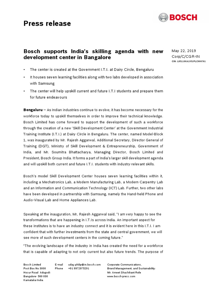 Bosch CSR Press Release 21-05-2019 Final | PDF | Economies | Business