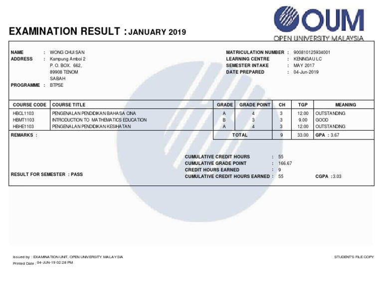 Examination Result:: JANUARY 2019 | PDF | Course Credit | Educational ...