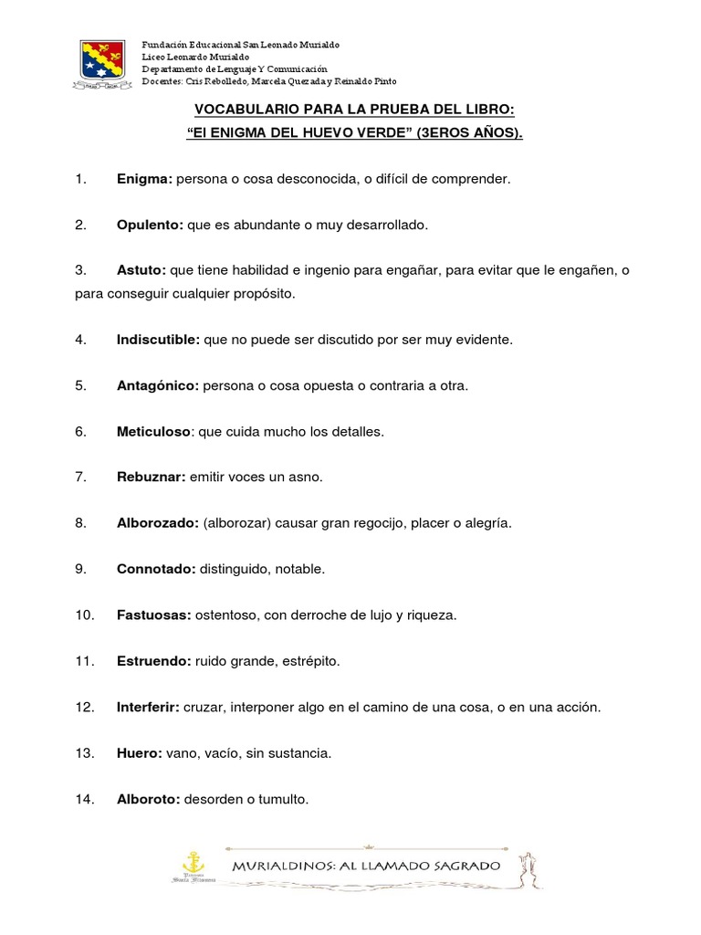 Vocabulario El Enigma Del Huevo Verde 3eros | PDF | Estudios de idiomas ...