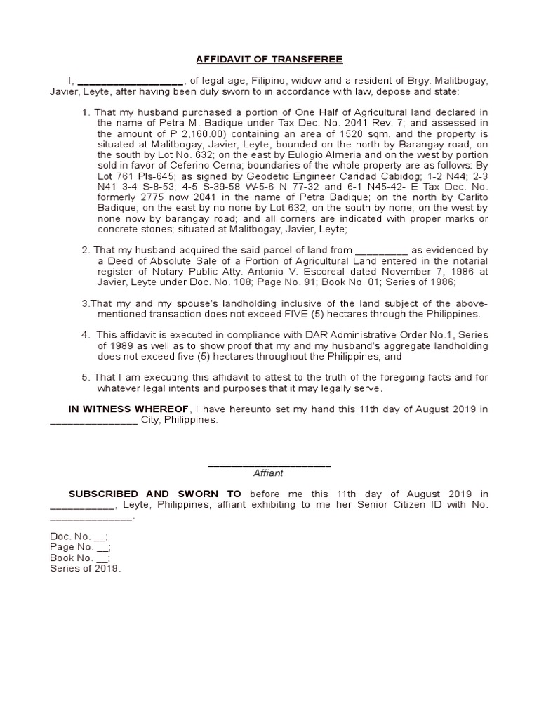 Affidavit of Transferee: Affiant | PDF | Affidavit | Common Law