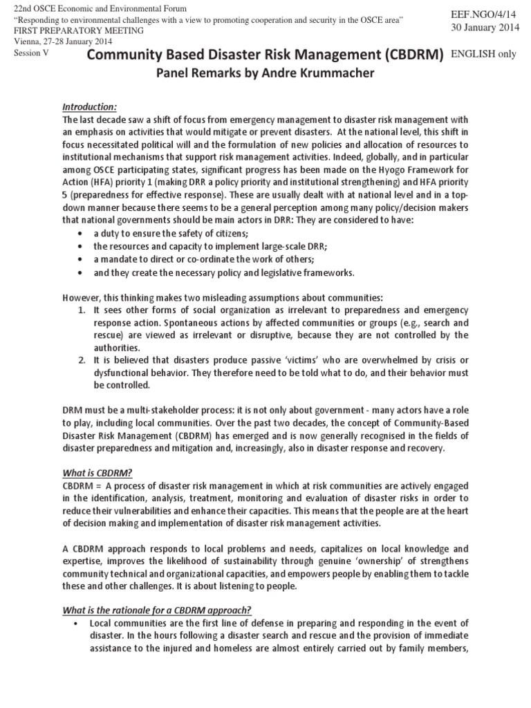 Community Based Disaster Risk Management (CBDRM) : Panel Remarks by ...