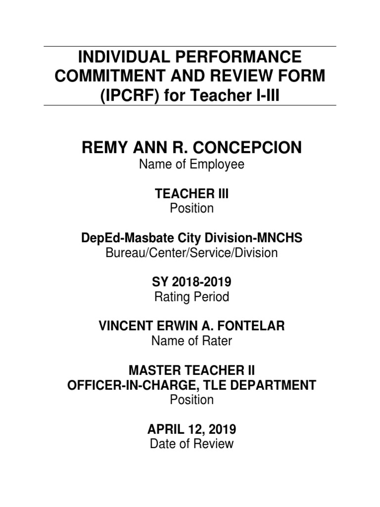 Individual Performance Commitment and Review Form (IPCRF) For Teacher I ...