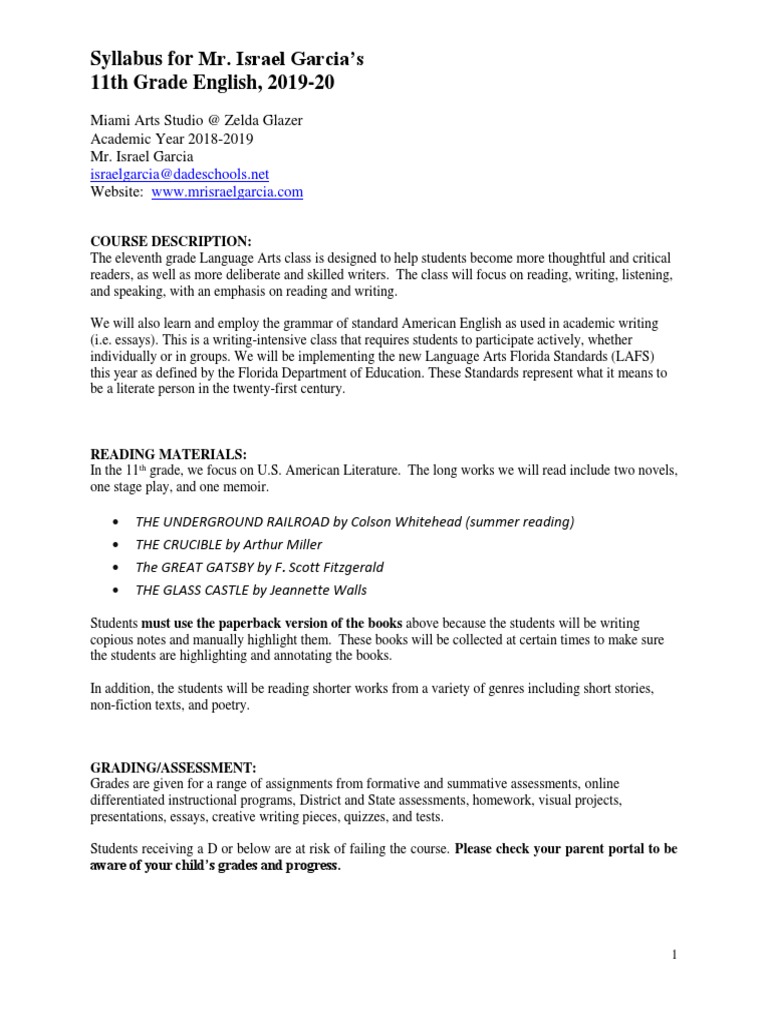 Syllabus For Mr. Israel Garcia's 11th Grade English, 2019-20 | PDF ...