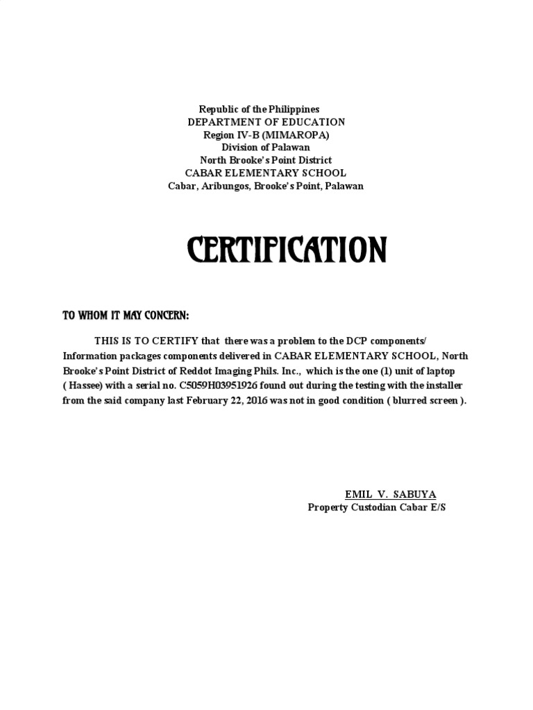 Certification of Laptop Defect at Cabar ES | PDF