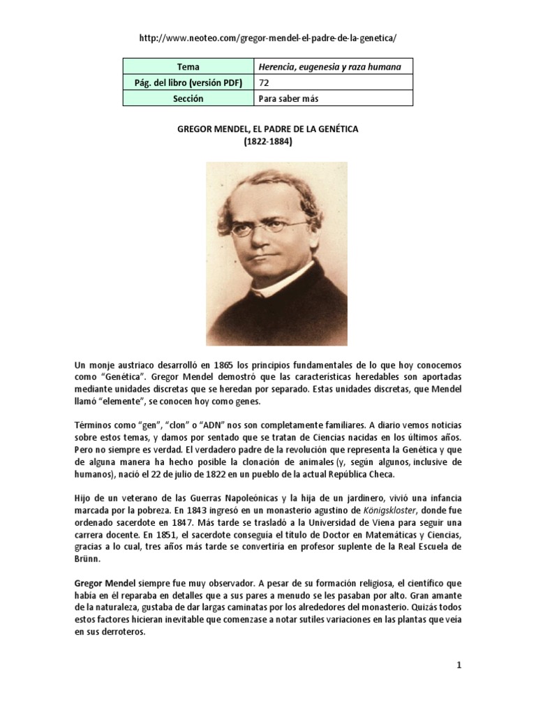 Gregor Mendel, El Padre de La Genetica | PDF | Dominancia (Genética ...