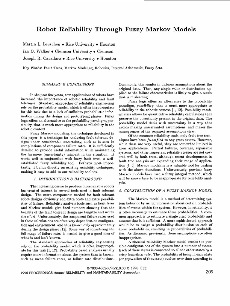 Robot Reliability Through Fuzzy Markov M PDF | PDF | Reliability Engineering | Fuzzy Logic