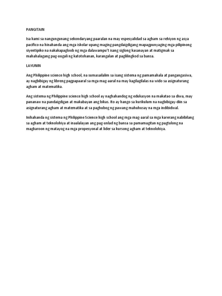 Vision Mission Tagalog PSHS CRC | PDF