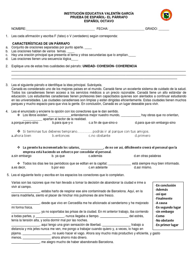 Evaluación del Párrafo para Primaria | PDF | Canadá | Colombia