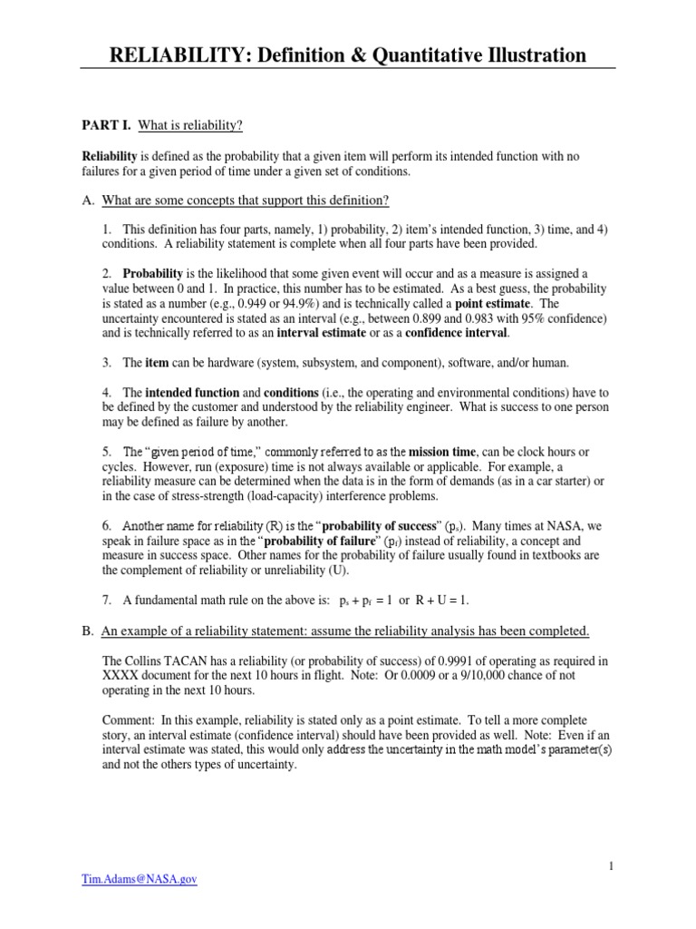 RELIABILITY: Definition & Quantitative Illustration: PART I. What Is Reliability? | PDF ...