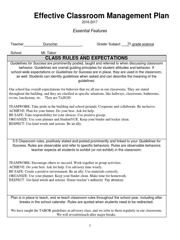 Effective Classroom Management Plan: Class Rules and Expectations | PDF ...