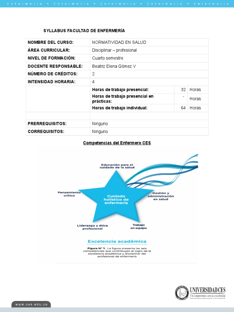 SYLLABUS NORMATIVIDAD EN SALUD, Facultad de Enfermeria, IV Semestre. AÃ ...