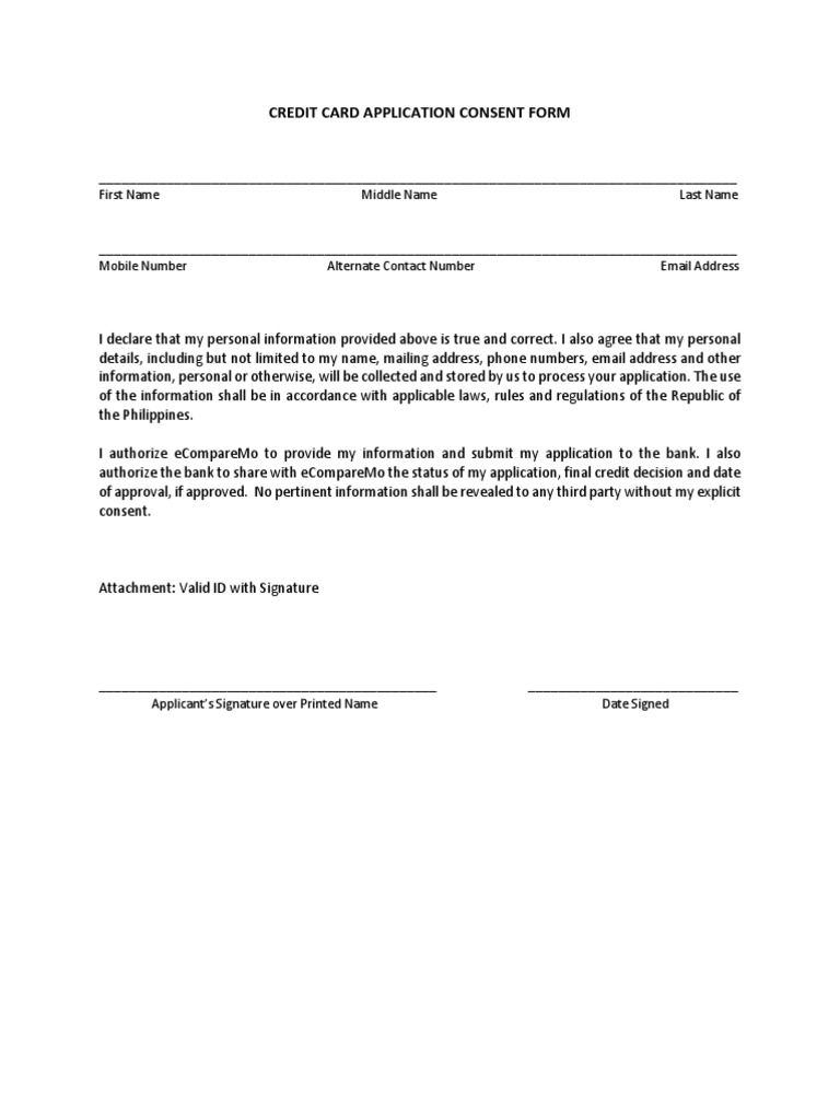 Credit Card Application Consent Form: First Name Middle Name Last Name ...