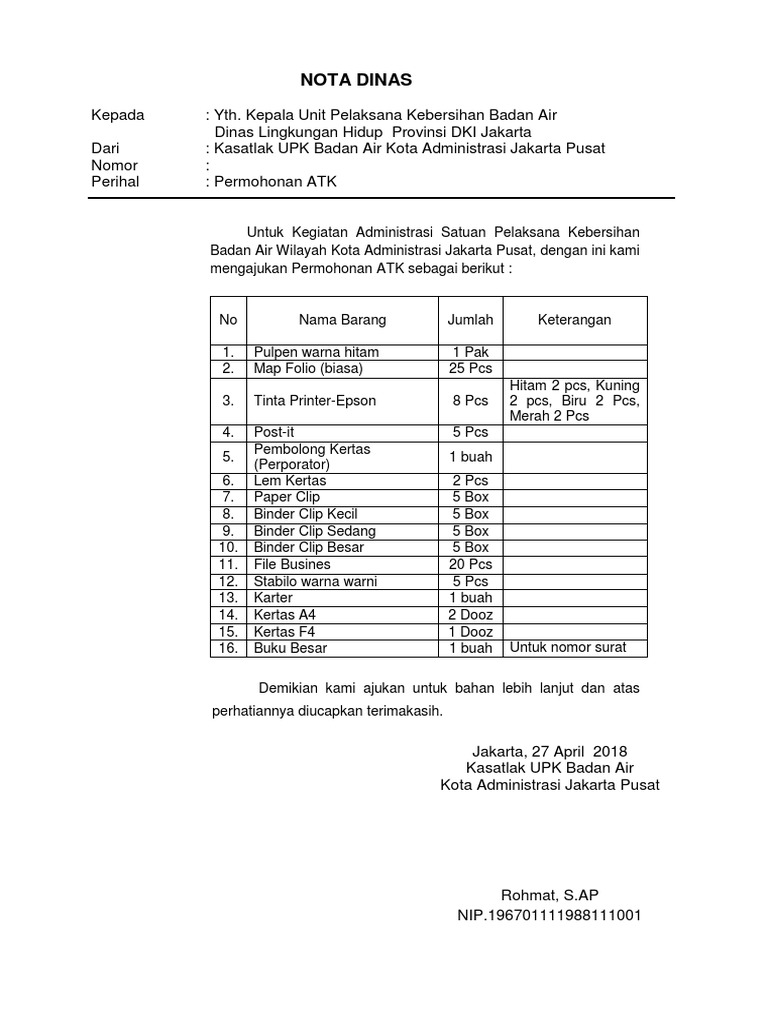Nota Dinas Permohonan Atk | PDF