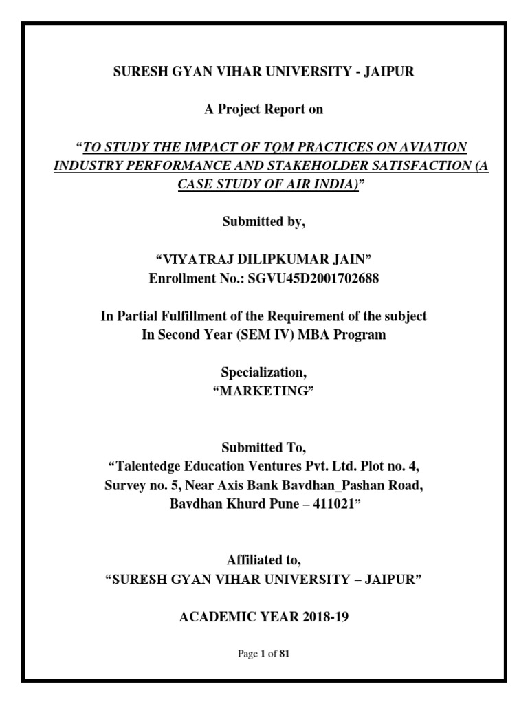 SGVU Project Report For MBA - SGVU45D2001702688 | PDF | Quality (Business) | Quality Management