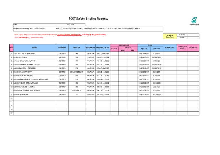 TCOT Form Safety Briefing | PDF